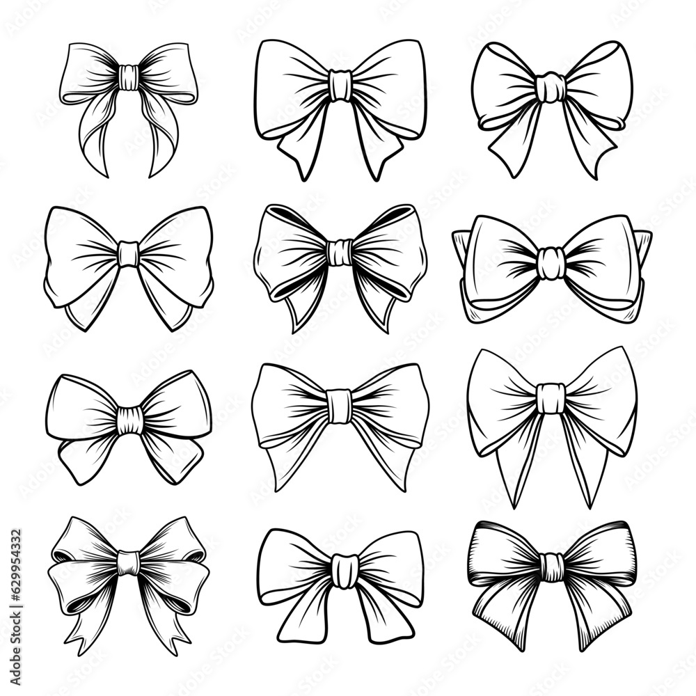 Vector Black and White Bow Tie or Gift Bow with Outline, Cut Out Icon ...