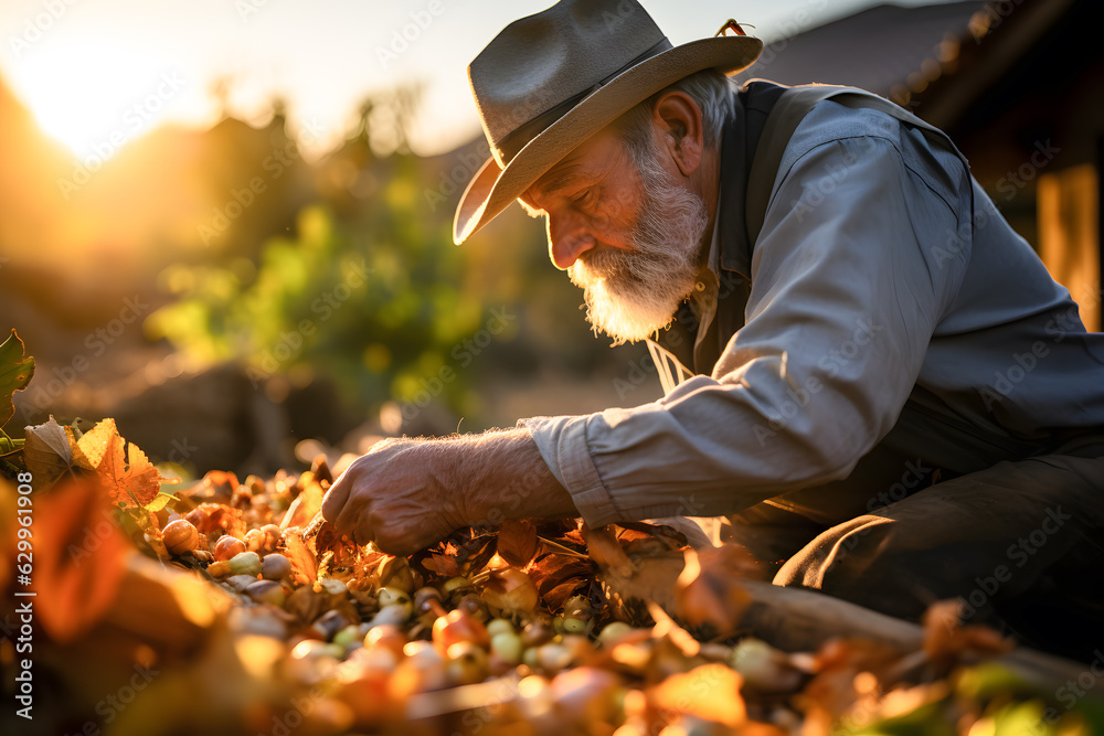 Seasonal Harvest farmers harvesting crops against the backdrop of fall ...