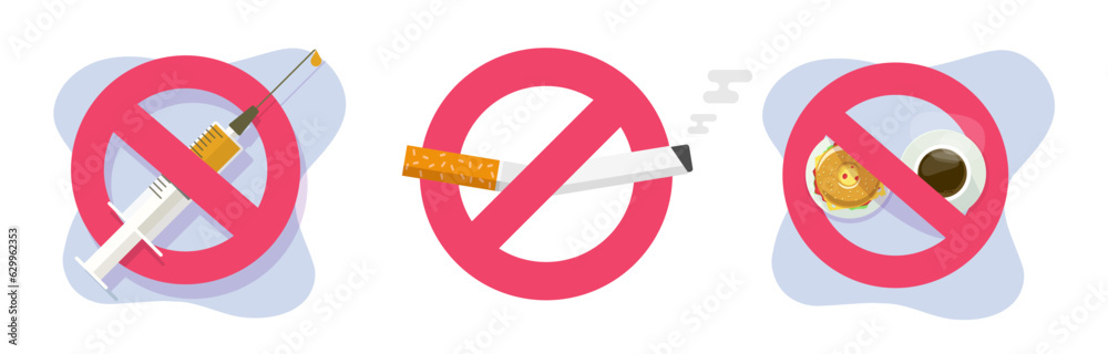 Vetor de Stop smoke cigarette, drugs and fast junk food red sign icon ...