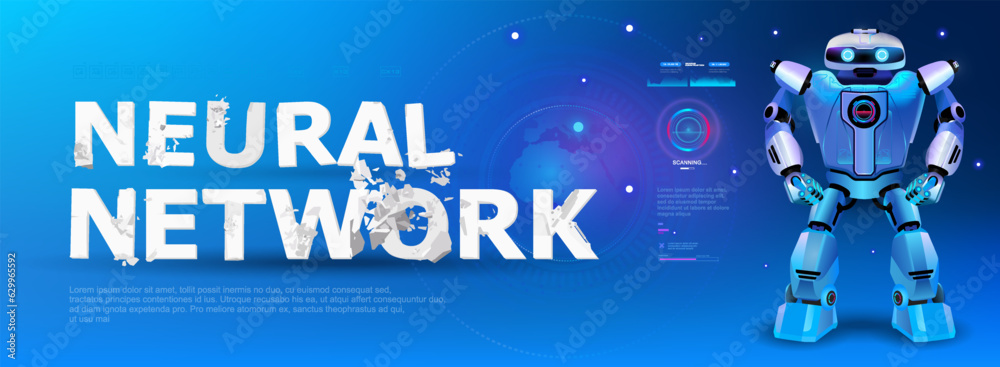 Neural network. Futuristic cyber banner with robot. Robotics banner and ...