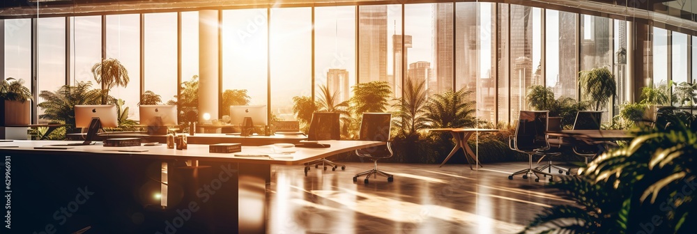 Daytime office space with row of working office table and work station ...