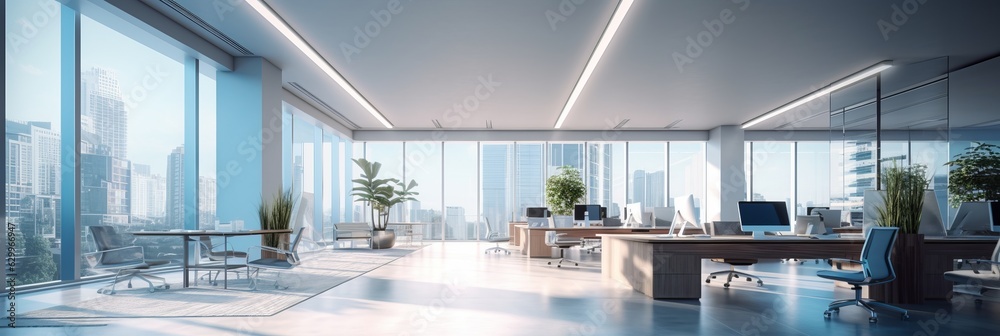 Daytime office space with row of working office table and work station ...