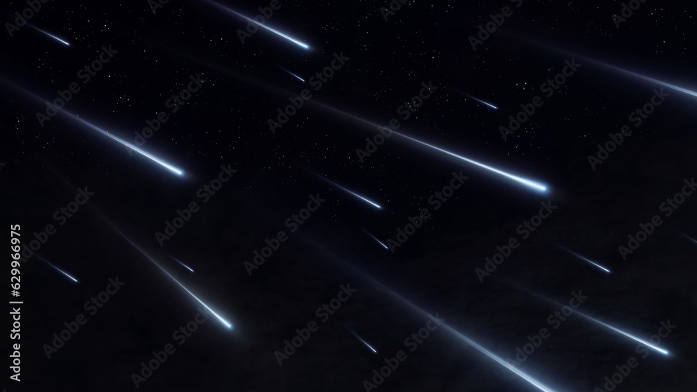 Meteor storm in the night sky. Meteorites and meteoroids. Bright stream ...