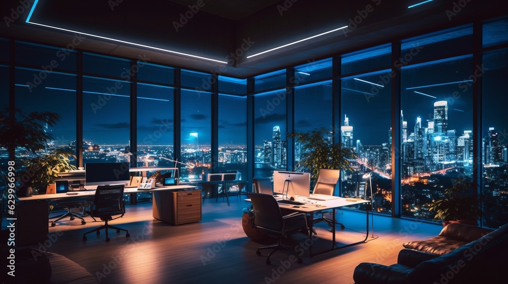 night time office space with row of working office table and work ...