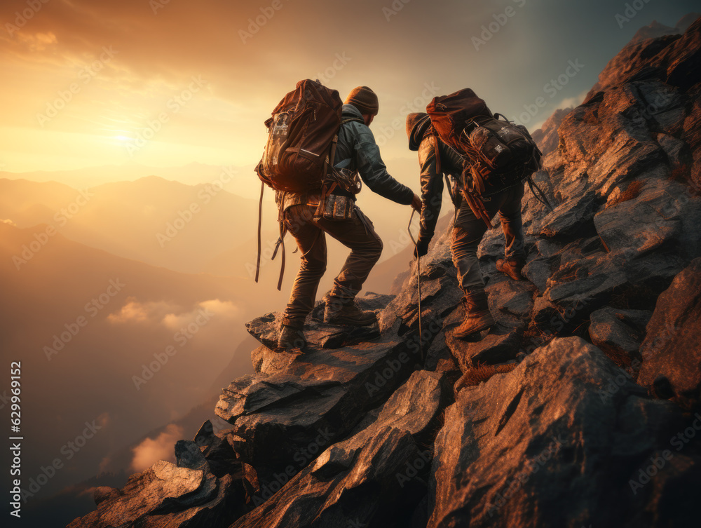 Climbing up mountain cliff, male and female hikers and one of them ...
