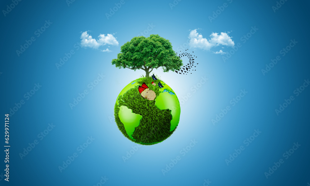 eco and environmental concept. The big tree growing between modern ...