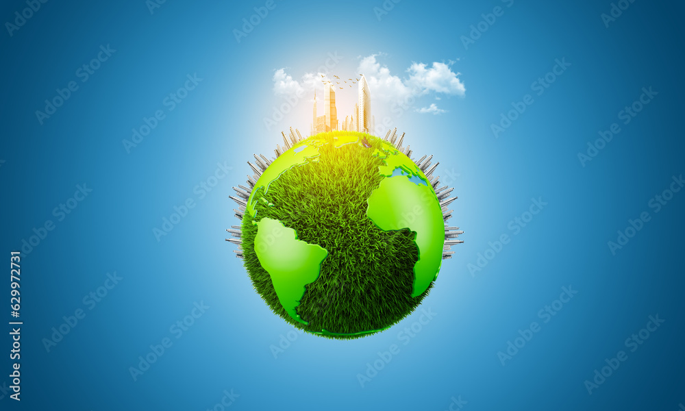 eco and environmental concept. The big tree growing between modern ...