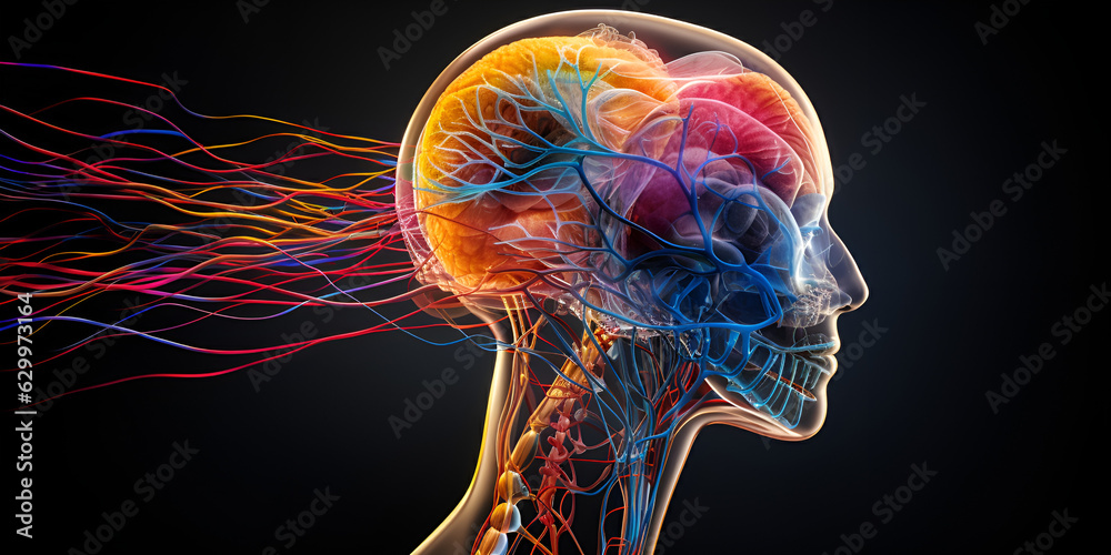 Human head with glowing neurons in the brain. meditation concept ...
