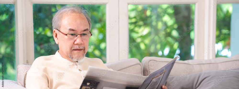Senior asian retirement old man in casual outfit wearing glasses ...