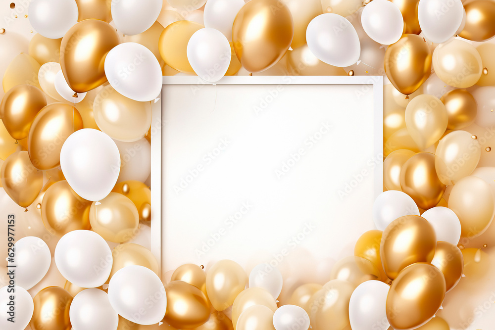 Gold shiny gold balloons on white background, middle has open space for ...