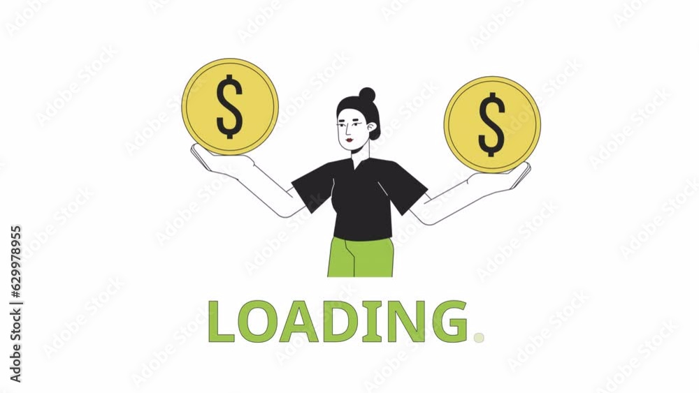 Managing budget line 2D loading animation. Asian woman with dollar ...