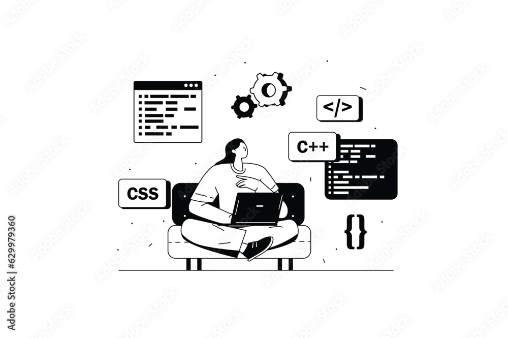 Coding concept with people scene in the flat line cartoon style. A ...