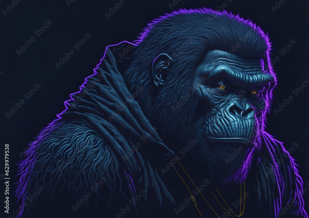 Neon portrait of gorilla rapper, gangsta monkey character. Stock ...