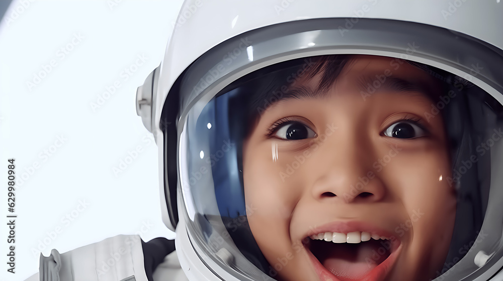 One Asian boy pretending to be an astronaut wearing a space helmet ...