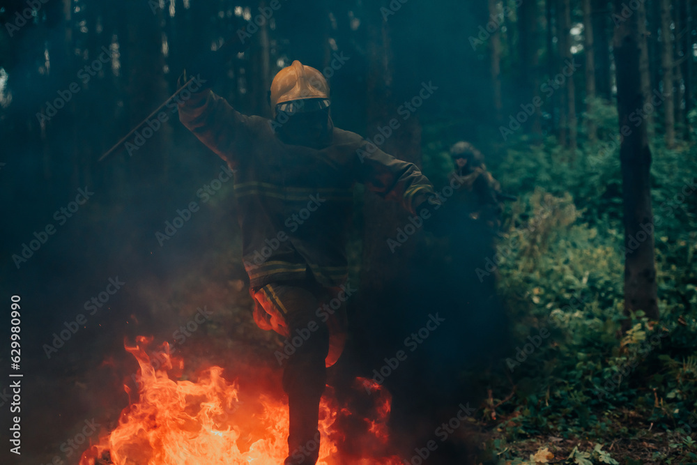 firefighter hero in action danger jumping over fire flame to rescue and ...