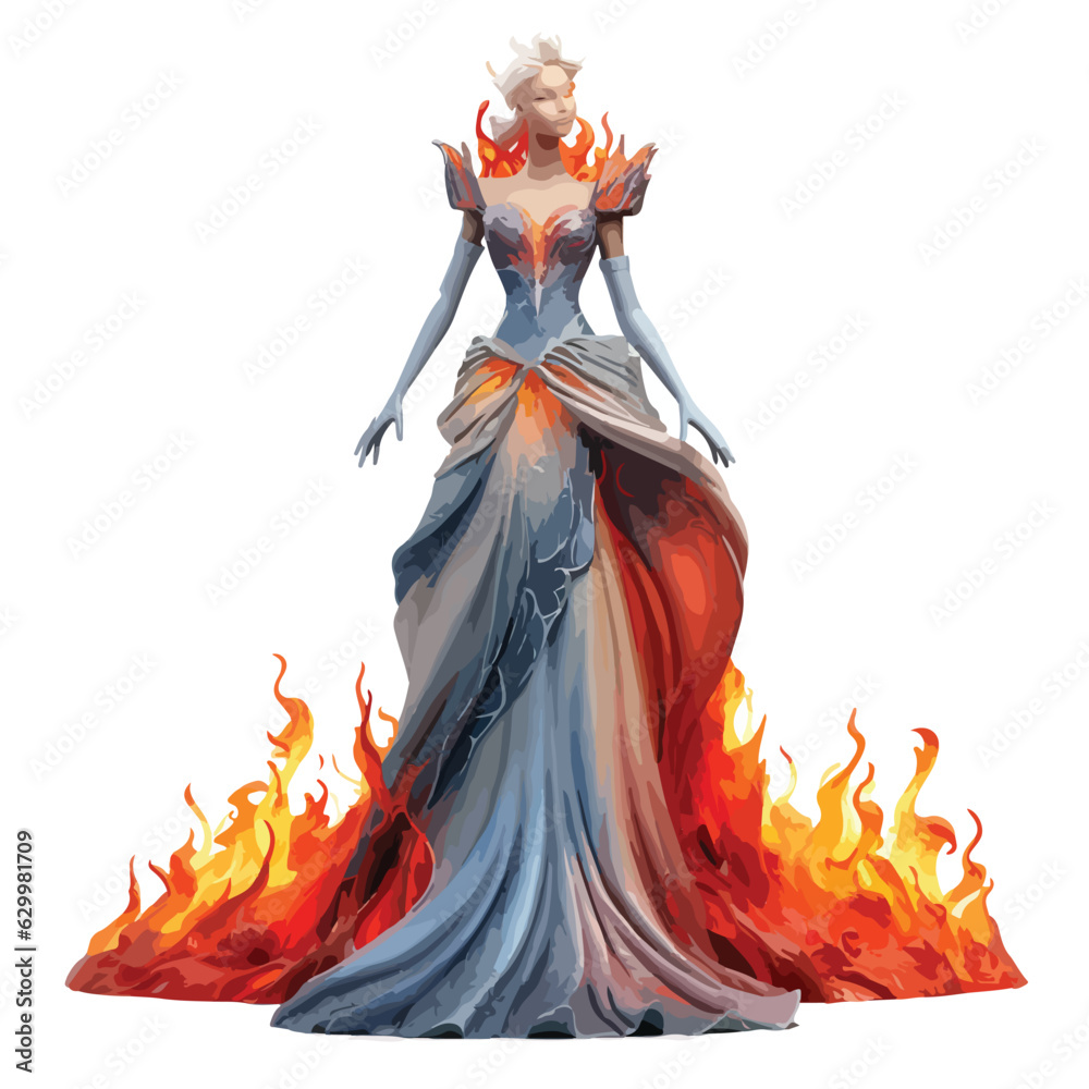 Envision an alluring woman who embodies the elements of fire and ice ...