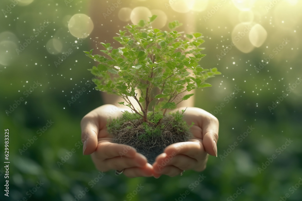 hands hold plants and soil for planting trees, environmental ...