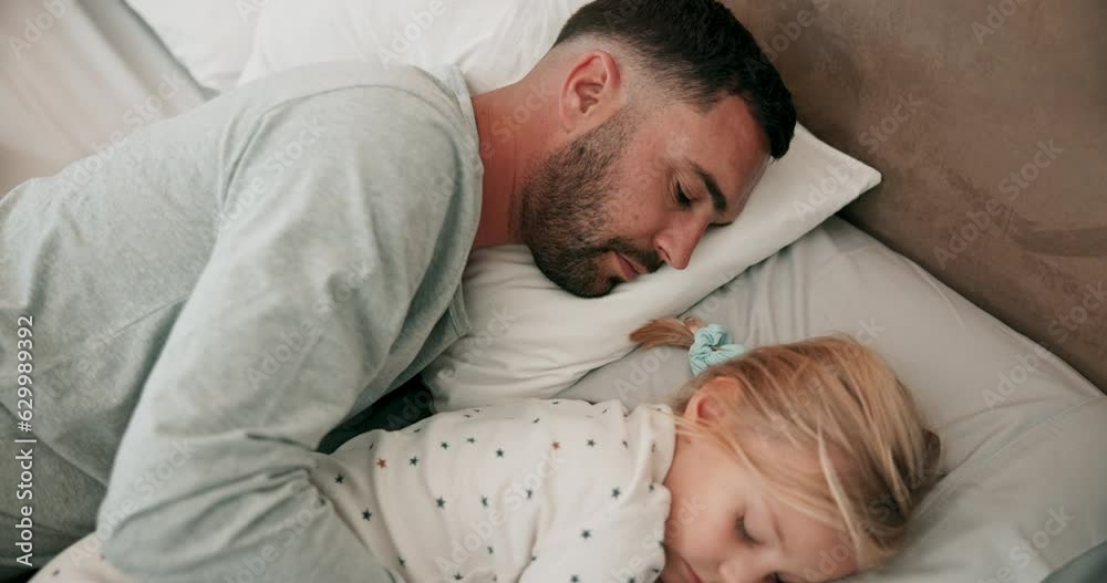 Girl, sleeping and a father and child in bed for rest, love and care ...