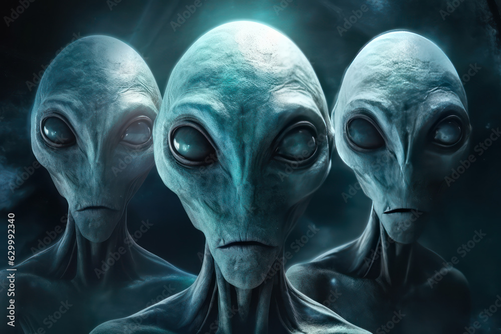 Group of three scary looking grey aliens with huge eyes staring into ...