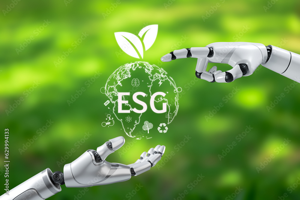 AI robot hand with environmental icons green technology and ...