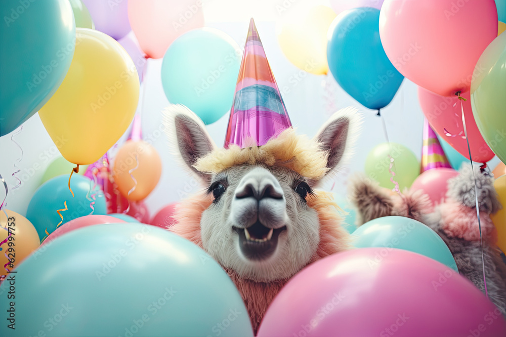 Cute llama wearing a party hat, birthday party balloons Stock Photo ...