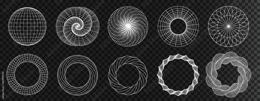 Vetor de Wireframe outline. 3D abstract shapes set. surface mesh and ...
