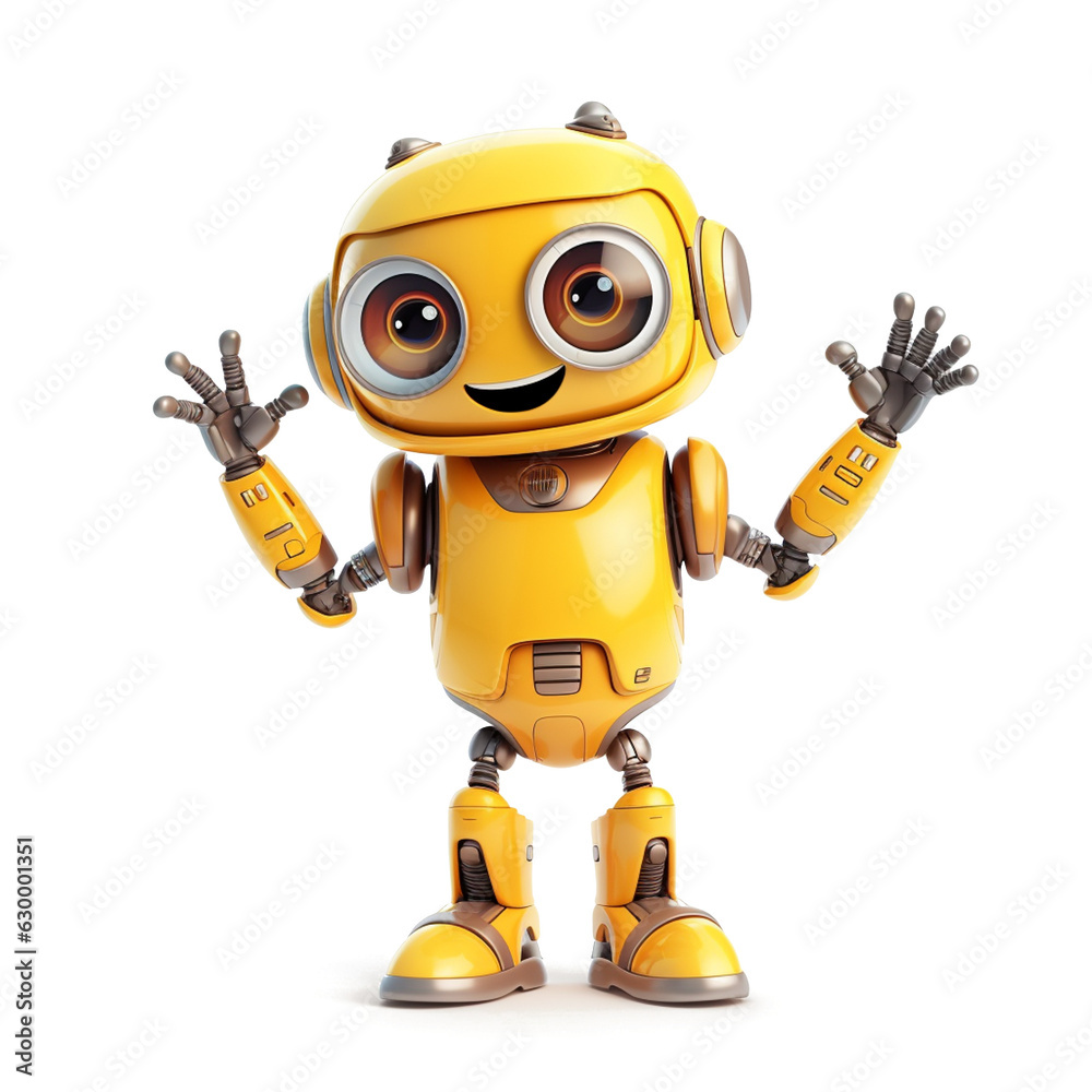 Yellow cute robot raising hand to greet human on transparent background ...