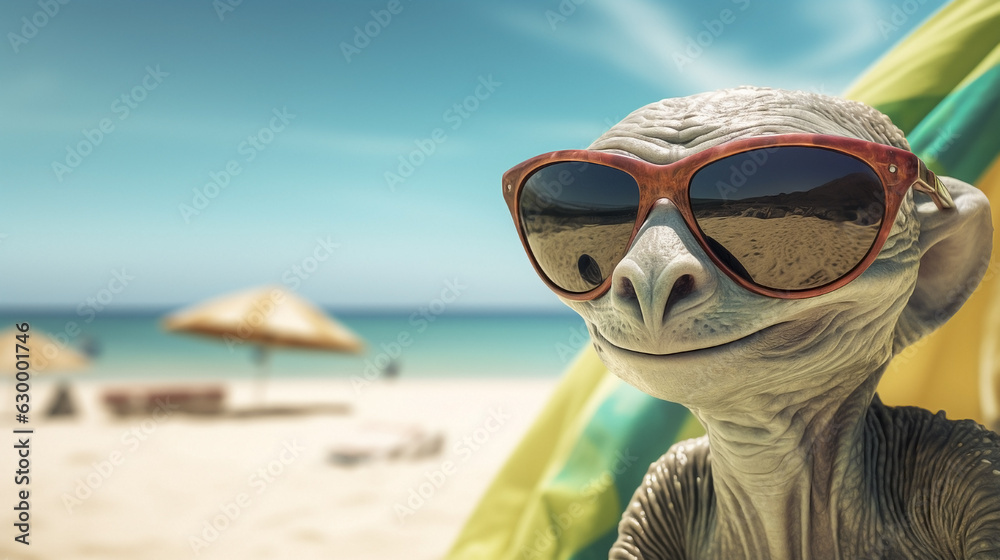 Beach enthusiasts smile at the alien with shades, a cosmic beachcomber ...