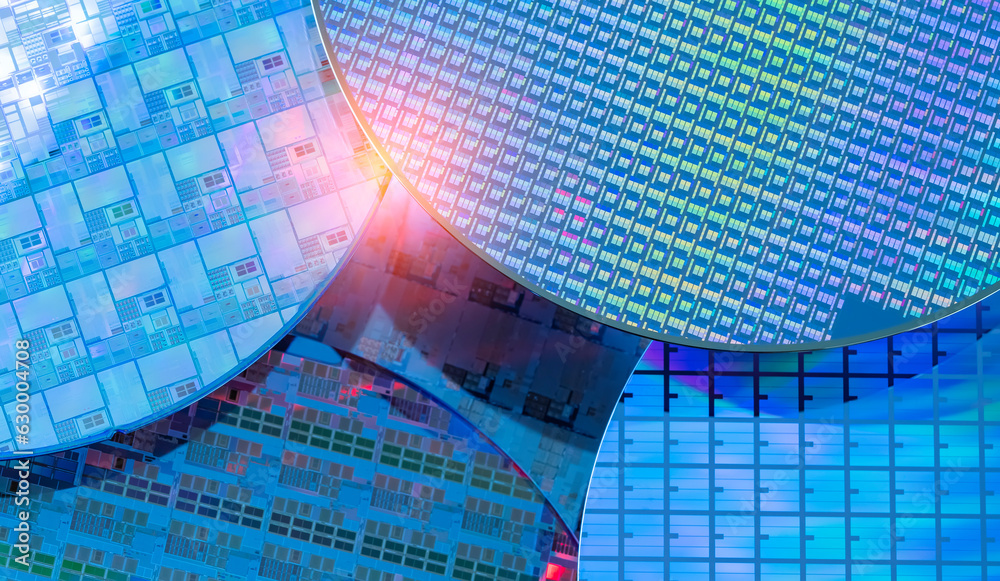 Silicon Wafers with microchips used in electronics for the fabrication ...