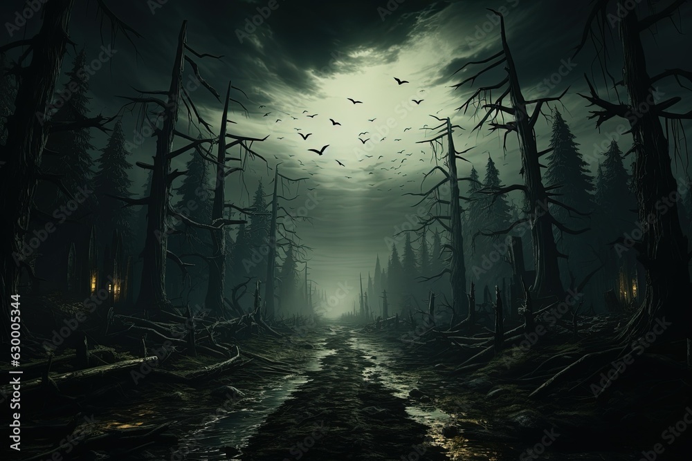 Dead cliff road on the dead mysterious forest with three crows on the ...