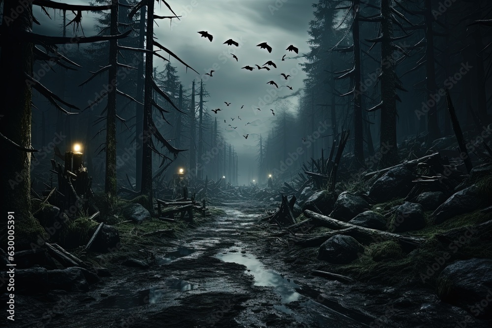 Dead cliff road on the dead mysterious forest with three crows on the ...