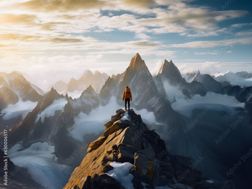 A mountaineer standing at the top of a mountain facing the opposite ...