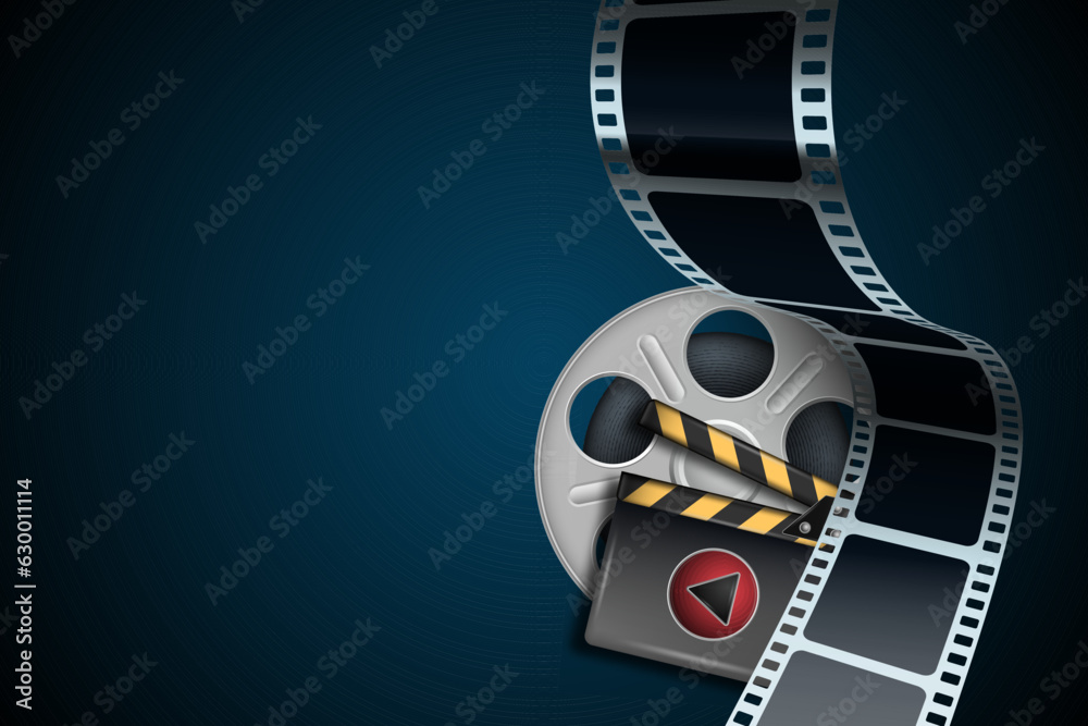 Rotation reel, clapper board and film strip in waveform. Cinema ...