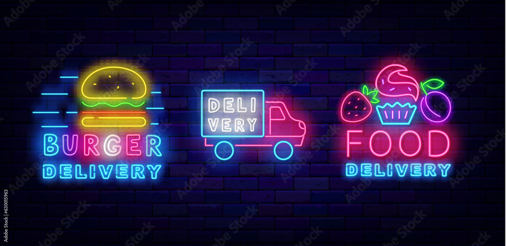 Food delivery neon signs collection. Cupcake and burger. Glowing ...