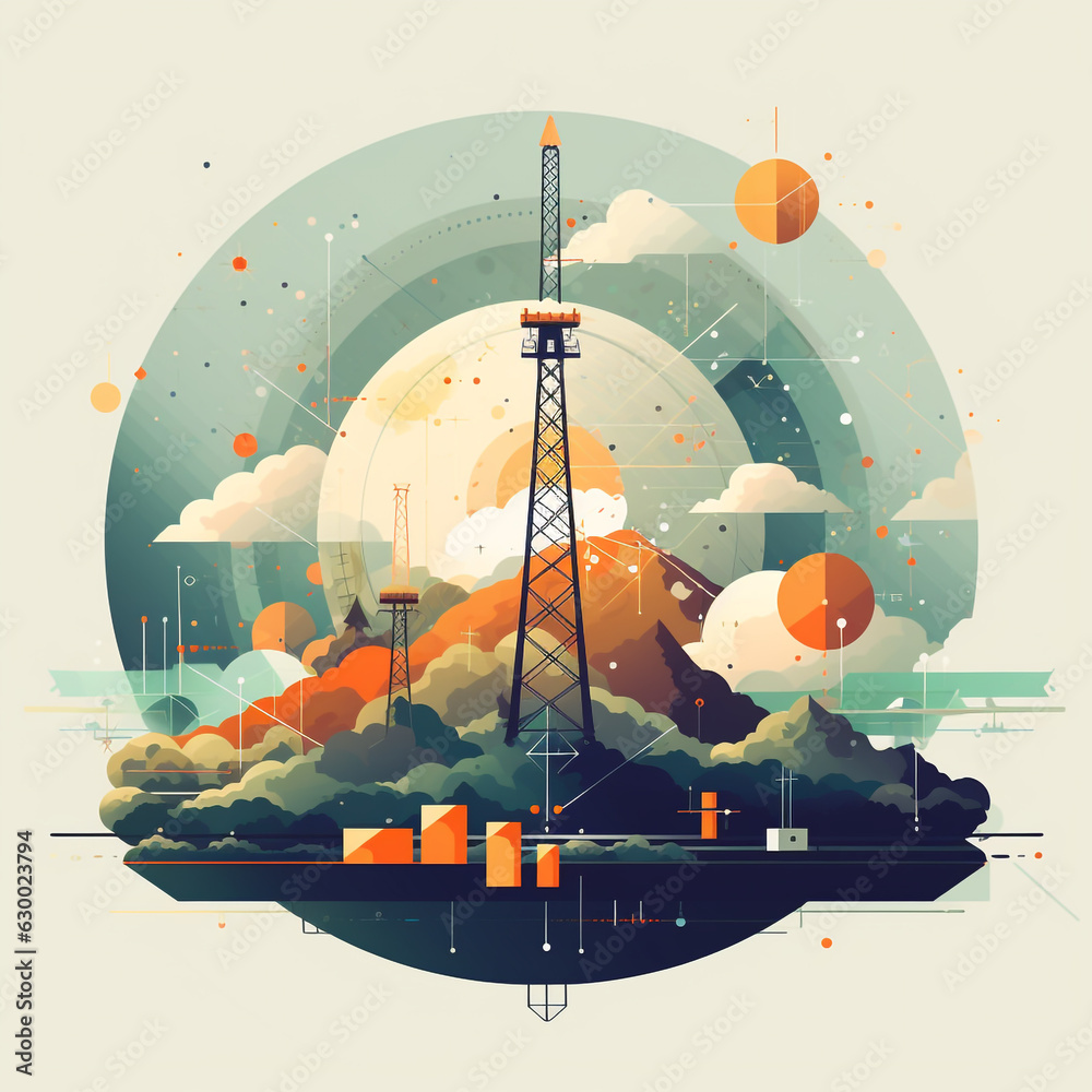 Poster Graphical illustration of a telecommunication tower in operation ...