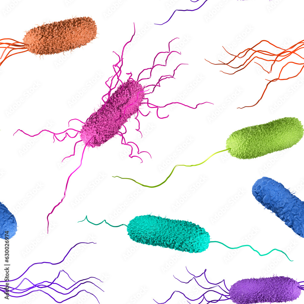 Seamless pattern with colorful Bacteria with different flagella ...