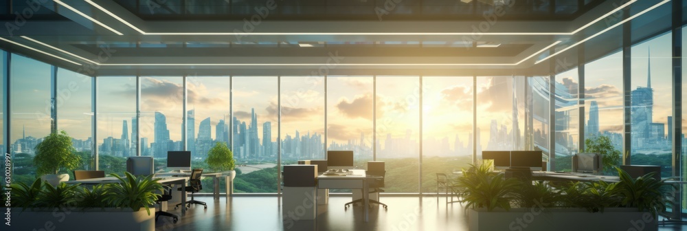 Daytime office space with row of working office table and work station ...