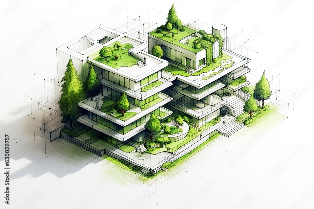 Futuristic house architectural sketch. Blueprint, technical drawing ...
