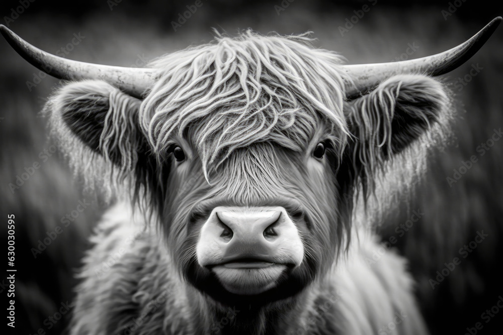Close - up black and white photo of a highland cow staring at the ...