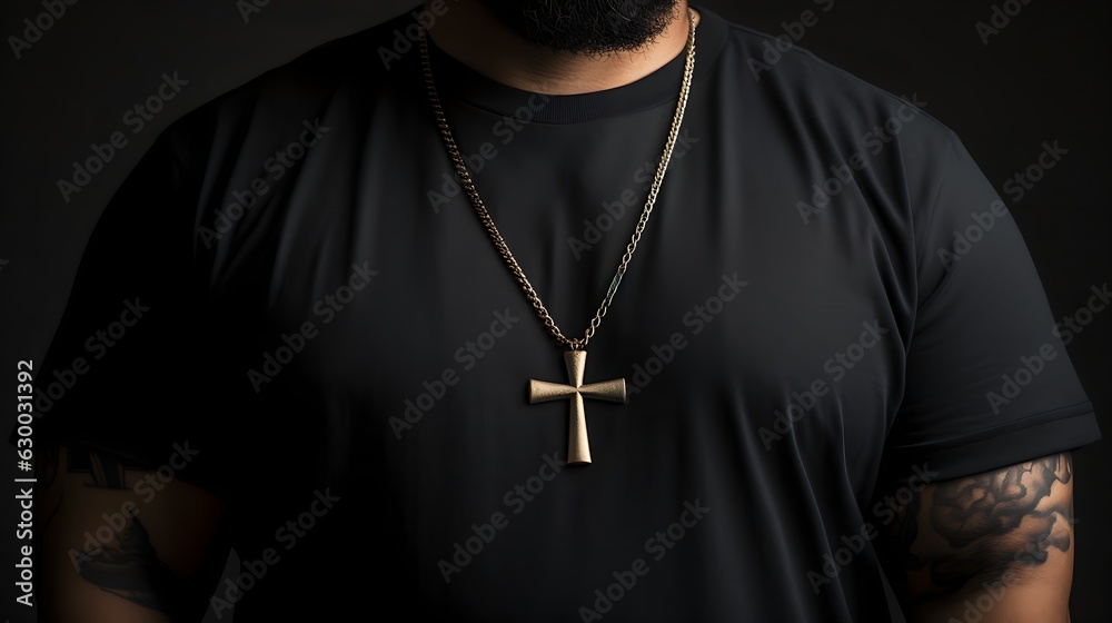 Christian cross on fat man neck. Golden christ cross on a chain around ...