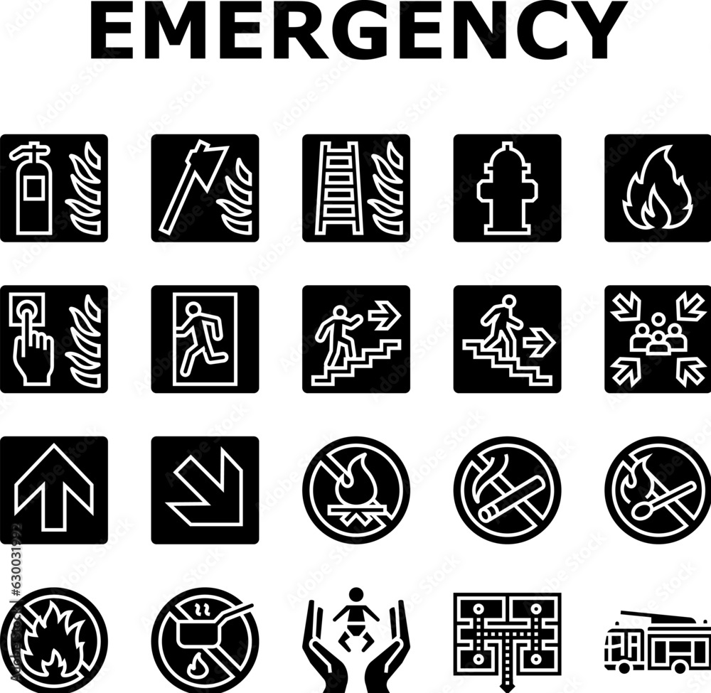 emergency safety security danger icons set vector. warning fire ...