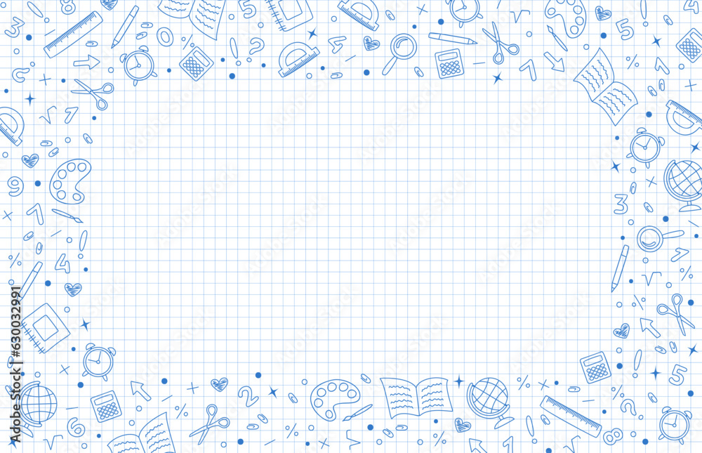 White graph background with frame of blue hand drawn school stationery ...