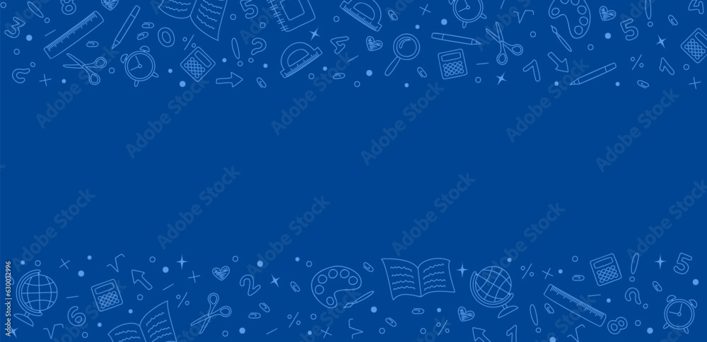 Blue school background with a frame of school stationery icons and copy ...