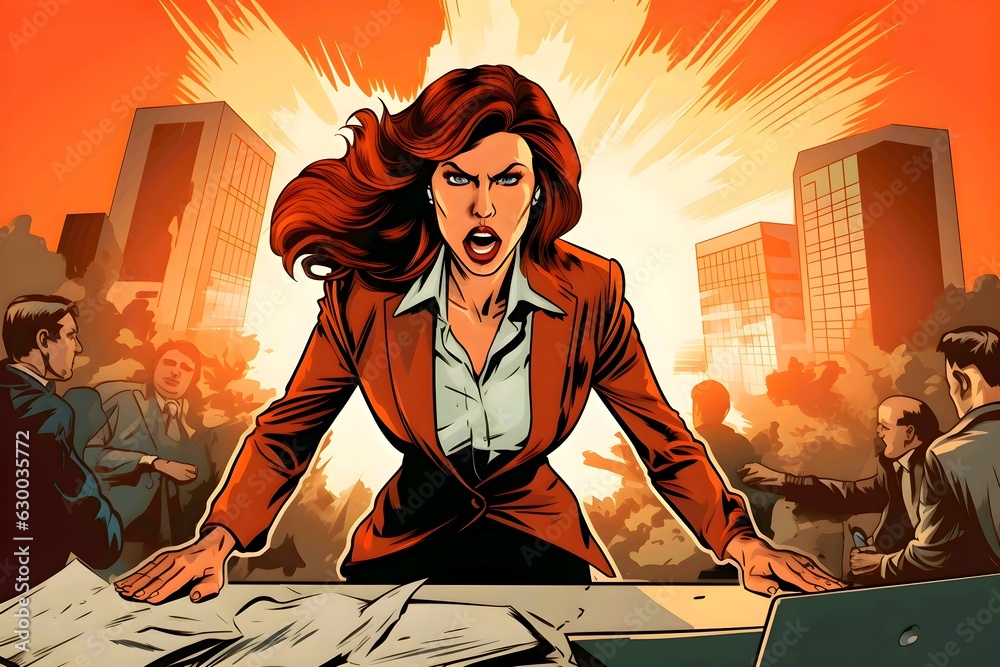 Woman in office. The evil businesswoman boss hits the table with his ...