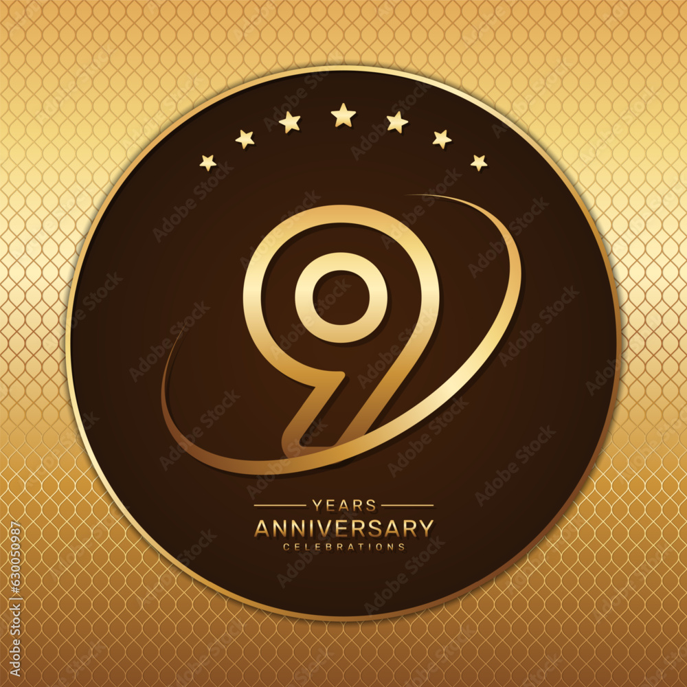 9th anniversary logo with a golden number and ring isolated on a golden ...