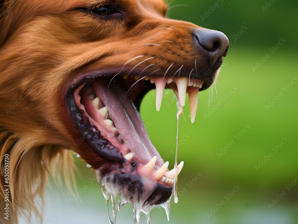 Mad and aggressive dog with saliva drooling barking. Rabies infection ...