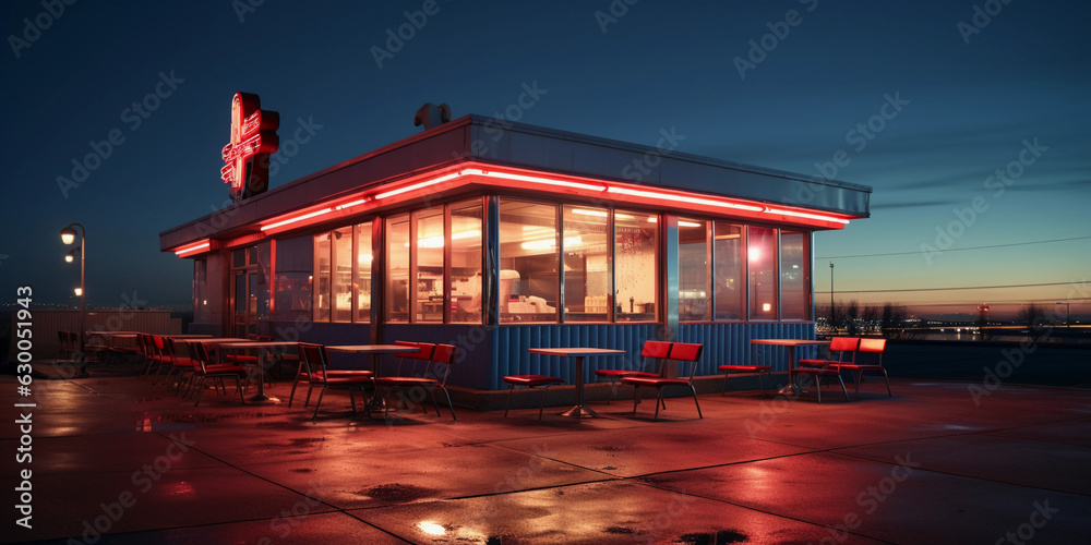 Deserted diner at twilight, vintage Americana, glowing neon sign, low ...