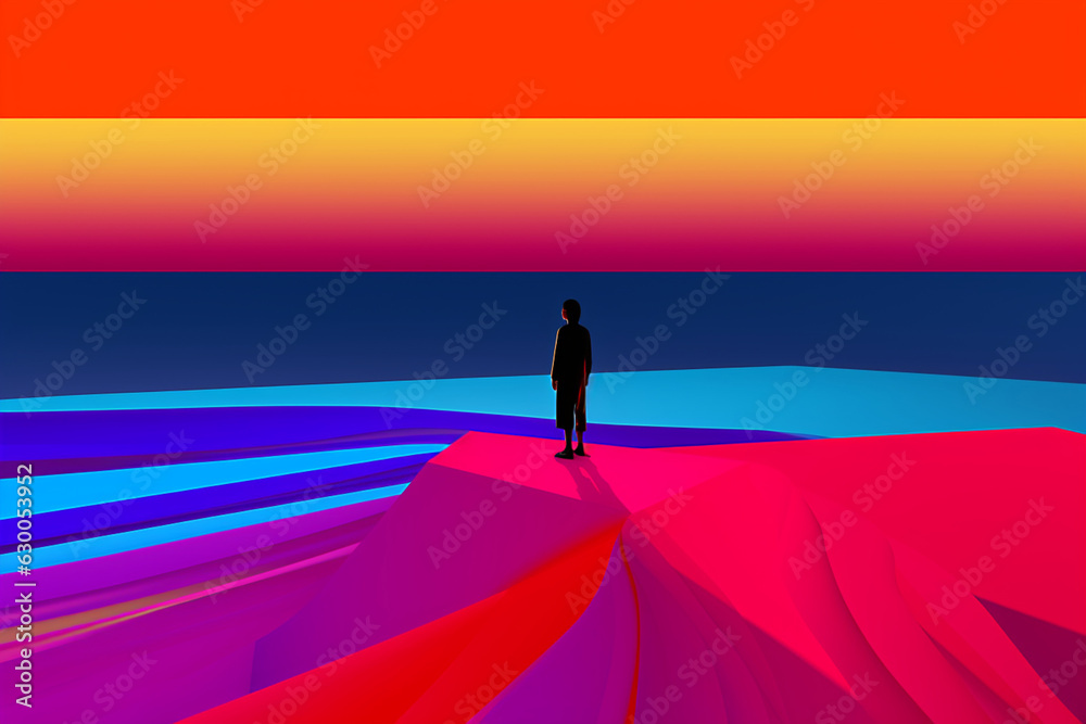 Silhouette person standing on top of a colorful landscape, contemporary ...