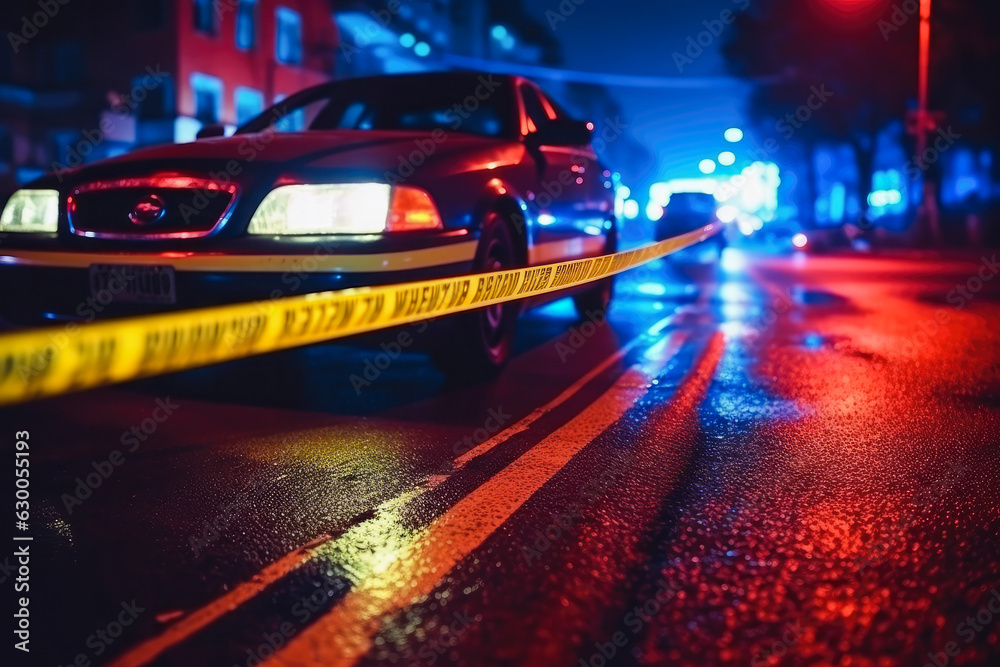 Yellow law enforcement tape isolating crime scene with blurred view of ...