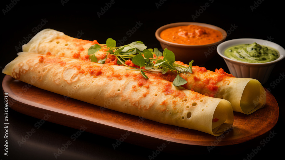 Masala Dosa indian national dish on a traditional tray with tomato ...